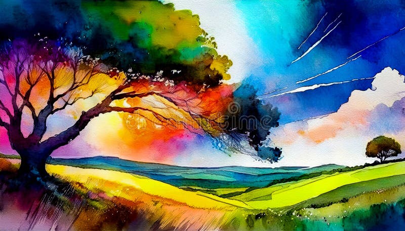 An Artistic Concept Sketch Landscape Featuring a Big Colourful Tree ...