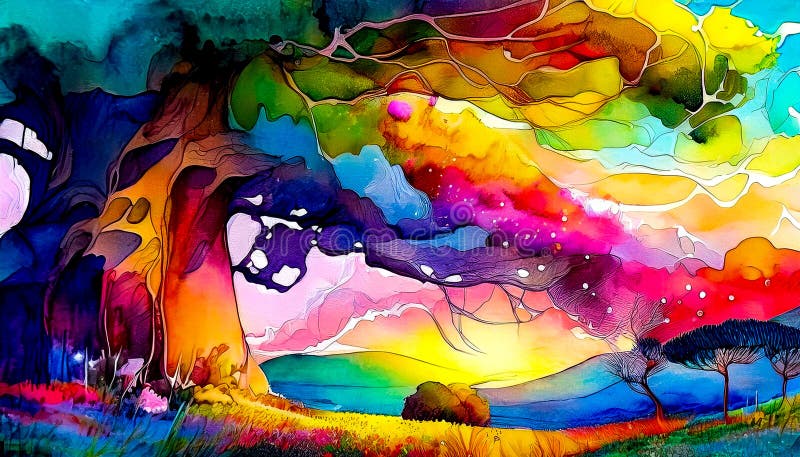An Artistic Concept Sketch Landscape Featuring a Big Colourful Tree ...