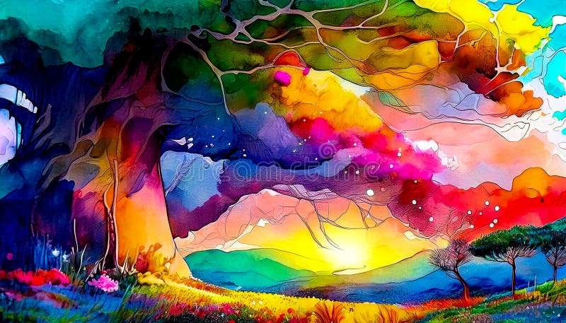 An Artistic Concept Sketch Landscape Featuring a Big Colourful Tree ...