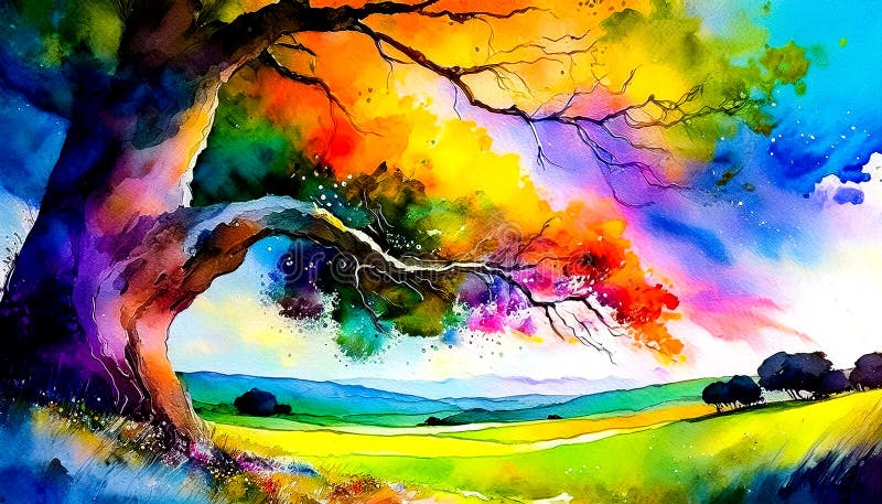 An Artistic Concept Sketch Landscape Featuring a Big Colourful Tree ...