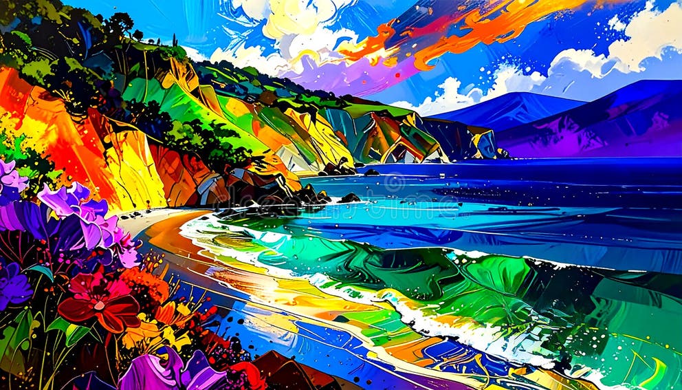 An Artistic Concept Sketch of a Seascape with Waves and Cliffs Stock ...