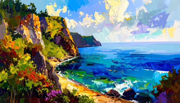 An Artistic Concept Sketch of a Seascape with Waves and Cliffs Stock ...