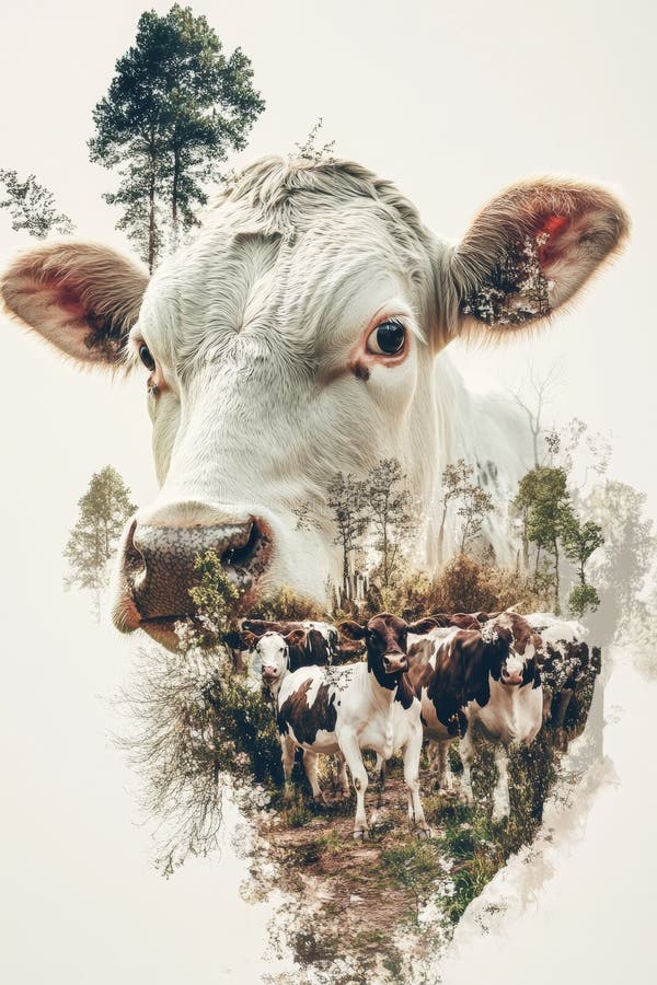 Creative Double Exposure of Cow and Forest Landscape with Herd of Cows ...