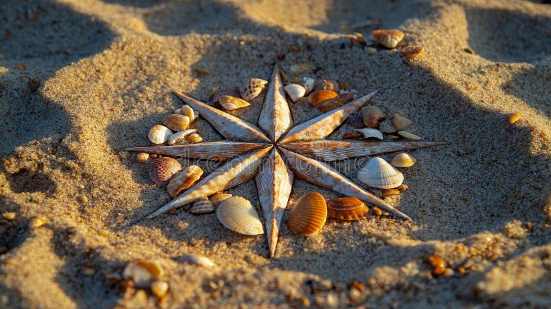 A Beautiful Compass Made of Seashells Rests Gently on the Sandy Beach ...