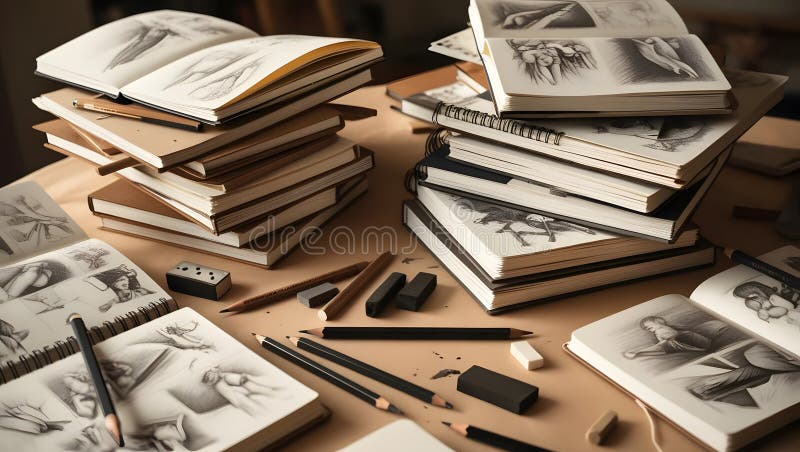 Artistic Creation Process Studio Workspace Sketchbooks and Pencils ...