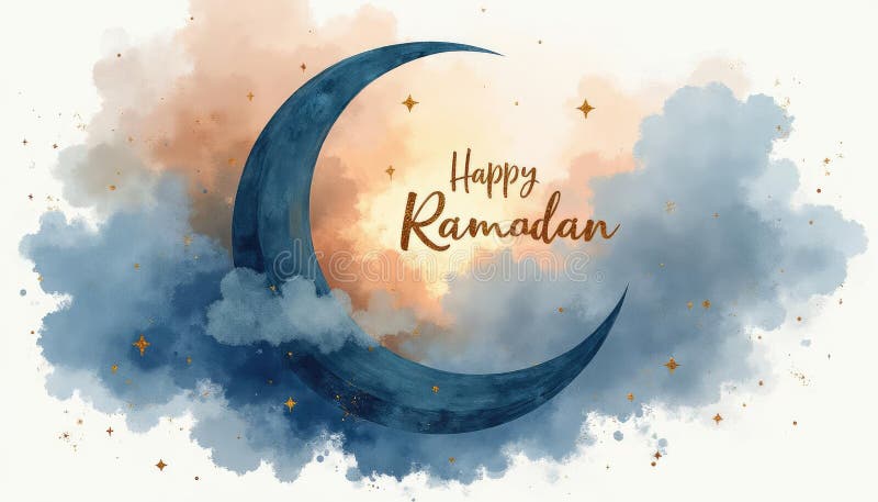 Artistic Crescent Moon and Cloud Background with "Happy Ramadan ...