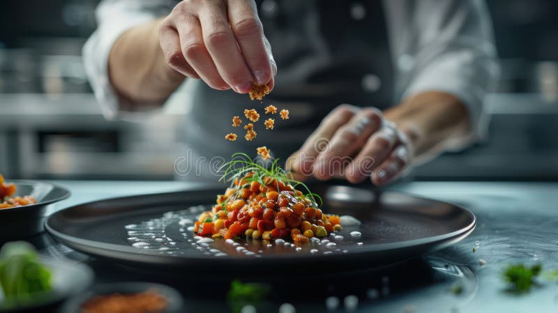 Artistic Culinary Creation on Sleek Black Plate: Skilled Chef Showcases ...