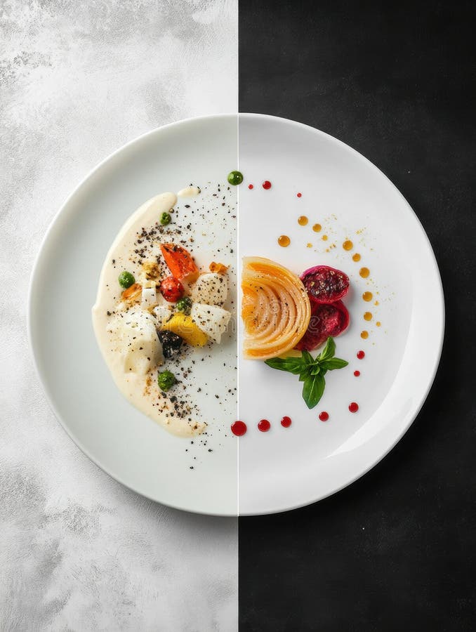Artistic Culinary Presentation Featuring Two Contrasting Dishes on a ...