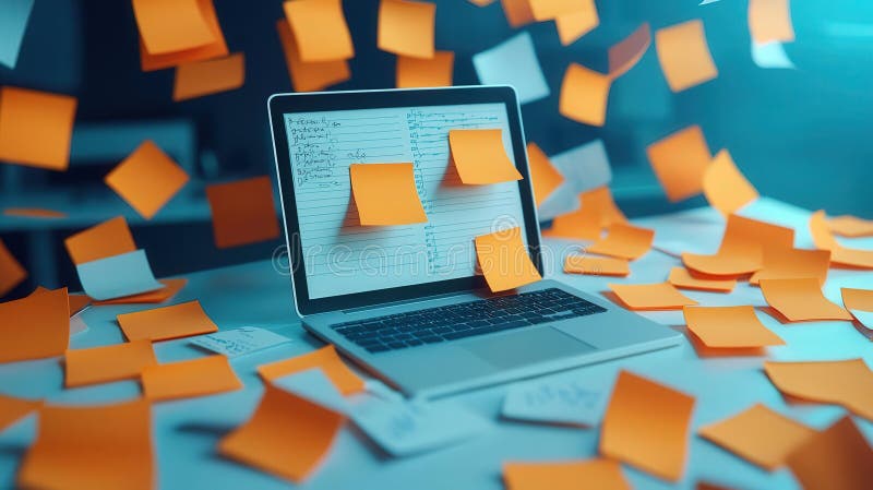 Artistic 3D Depiction of a Desk Filled with Floating Post-it Notes in ...