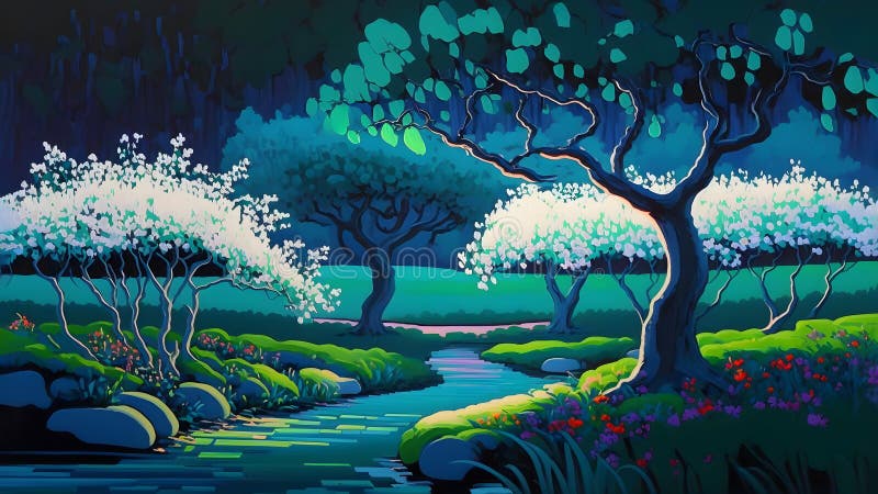 Artistic 2d Painting of Summer Landscape with Green Trees on Bank of ...