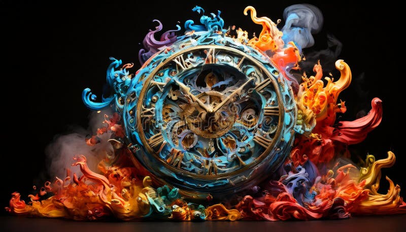 Artistic 3D Render of a Clock Surrounded by Swirling Colors Stock ...
