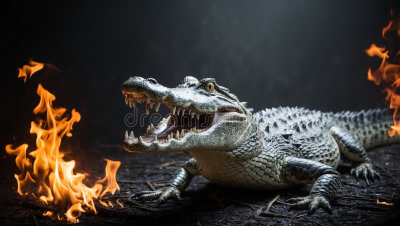 Artistic Depiction of an Alligator Surrounded by Flames in a Dark ...