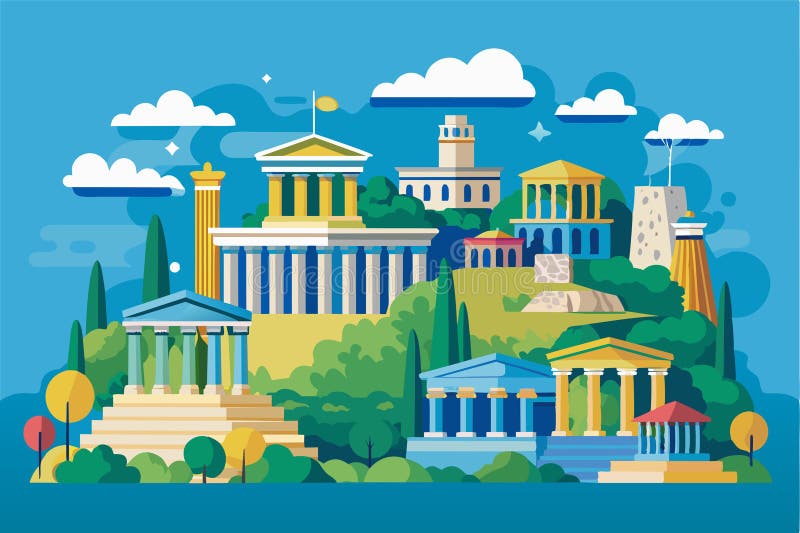 An Artistic Depiction of Athens Featuring Famous Ancient Structures ...