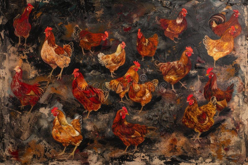 Rustic Chicken Gathering on Textured Background Stock Illustration ...