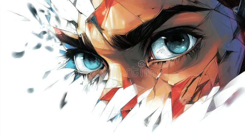 An Artistic Depiction of a Fragmented Face with Striking Blue Eyes and ...
