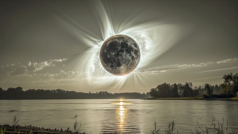 Artistic Depiction of a Full Moon Rising Above a River Reflecting ...