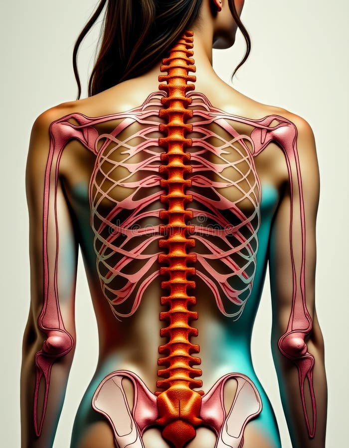 Artistic Depiction of the Human Back Showcasing the Skeleton and Spine Stock Illustration ...