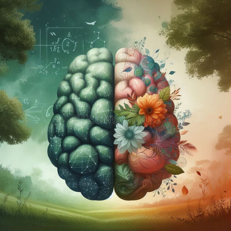 Creative Vs Logical Brain Concept with Nature, Flowers, and ...