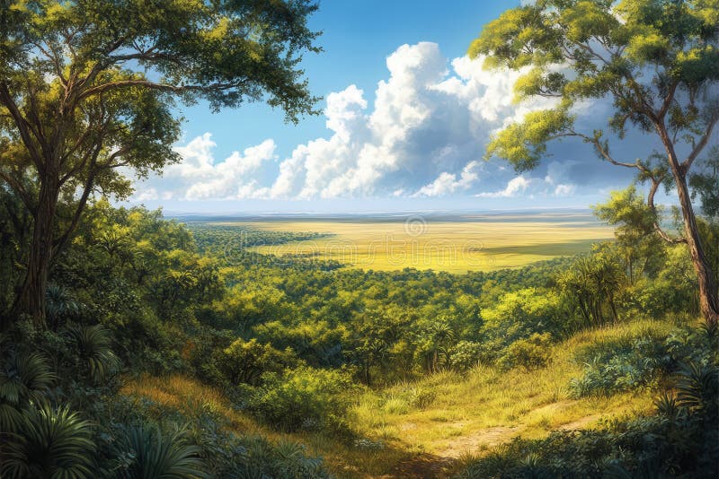 Artistic Depiction of a Lush, Tangled Forest Contrasted with a Flat ...