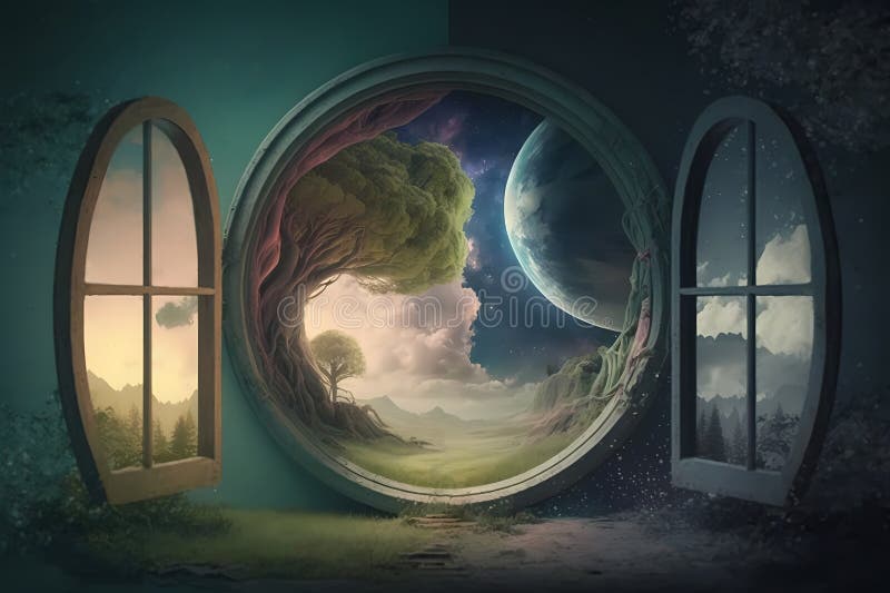 Artistic Depiction of a Moonlit Window with a Tree. Stock Image - Image ...