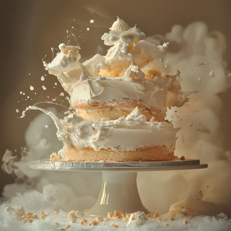 Splattered Layer Cake with Cream Explosion Stock Image - Image of ...