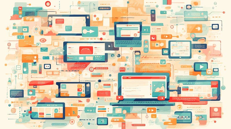 Digital Illustration of Interconnected Laptops Showcasing Multimedia ...