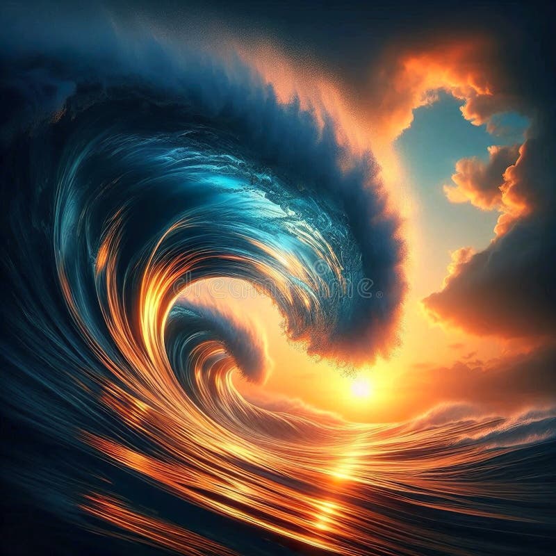 An Artistic Depiction of Ocean Waves with a Fiery Glow. Stock ...