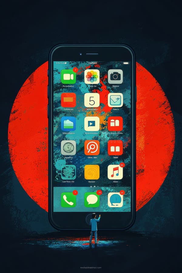 Person Interacting with Large Smartphone Against Abstract Red Circle ...