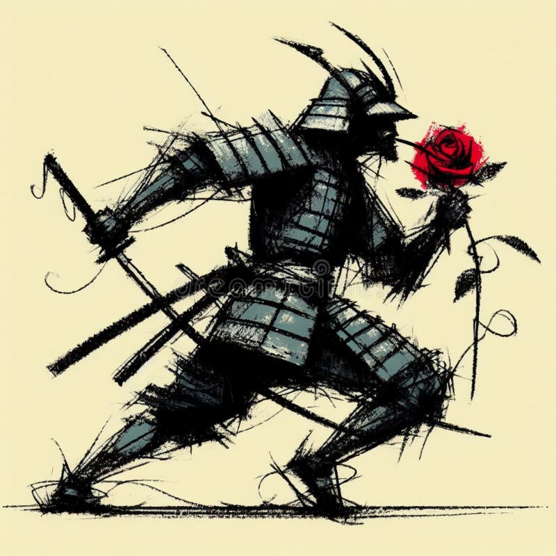 Artistic Depiction of a Samurai Warrior in Armor with a Single Red Rose ...