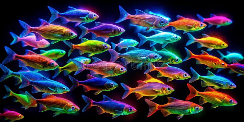Artistic Depiction of a School of Fish Each with Different Neon Colors ...