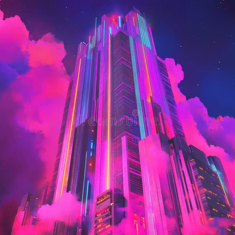 Artistic Depiction of a Synthwave Skyscraper Stock Illustration ...