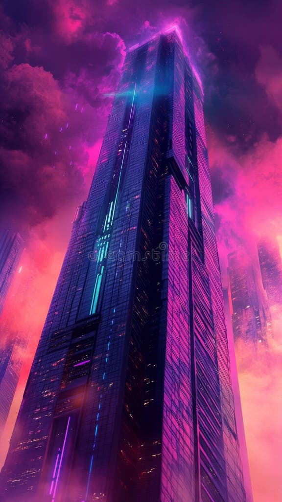 Artistic Depiction of a Synthwave Skyscraper Stock Illustration ...