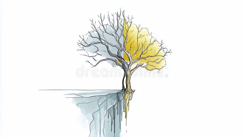 An Artistic Depiction of a Tree Growing on the Edge of a Cliff Stock ...