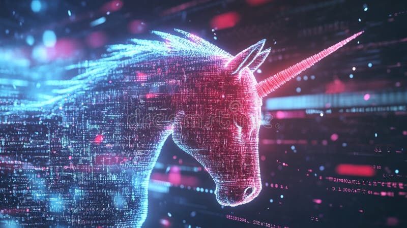 An Artistic Depiction of Unicorn Merging with Digital Codes Symbolizing the Seamless Blend of ...