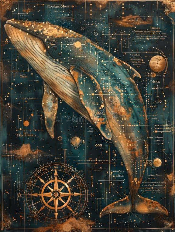 Artistic Digital Whale Illustration with Celestial Navigation and Star ...
