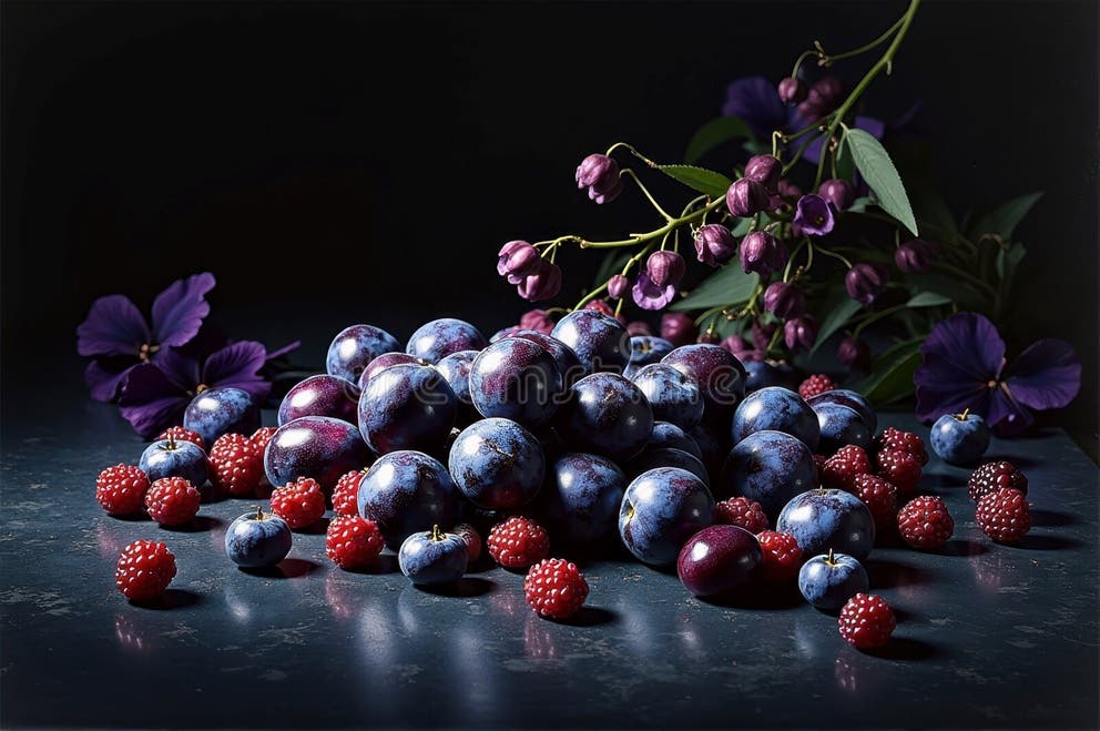 Artistic Display of Blueberries, Raspberries, and Purple Flowers on ...