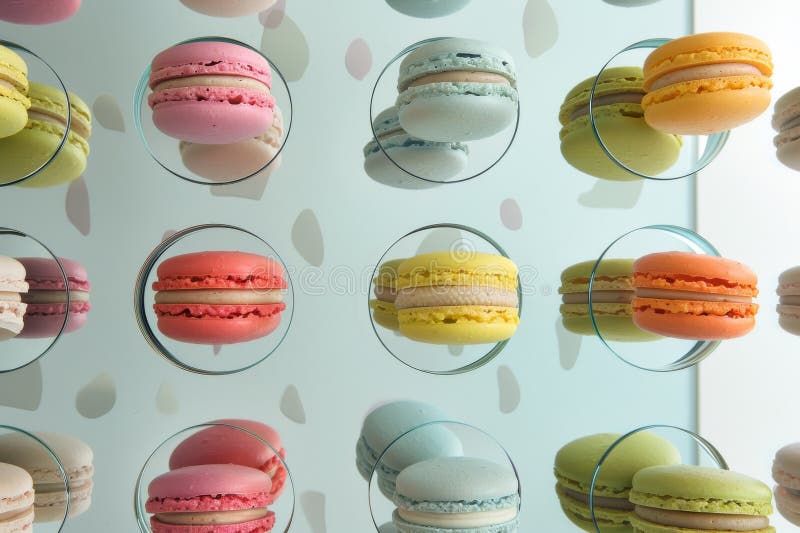 Colorful Macarons Arranged on a Glass Surface with Reflections Stock ...