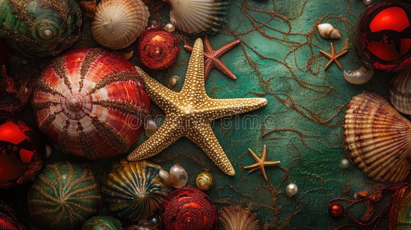 Close-up of Beautifully Painted Red and Green Seashells and Starfish in ...