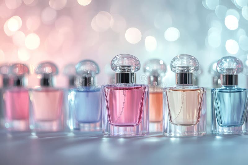 An Artistic Display Features Multiple Pastel-colored Perfume Bottles ...