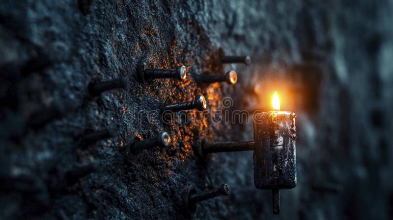 Artistic Display of Hammered Nails and Candlelight on a Wall Captured ...