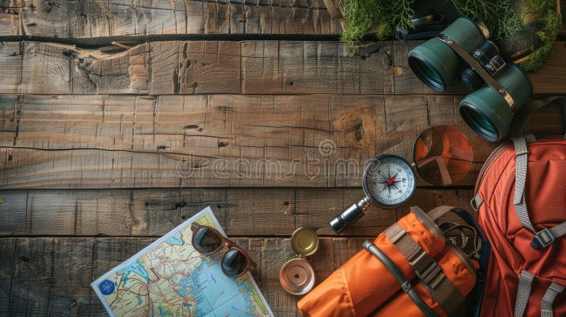 Artistic Display Hiking Boots, Binoculars, Compass, and Map on a Wooden ...