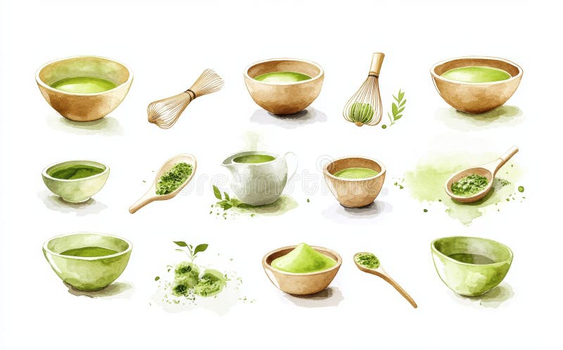 An Artistic Display of Matcha Tea Bowls and Whisks on a White ...