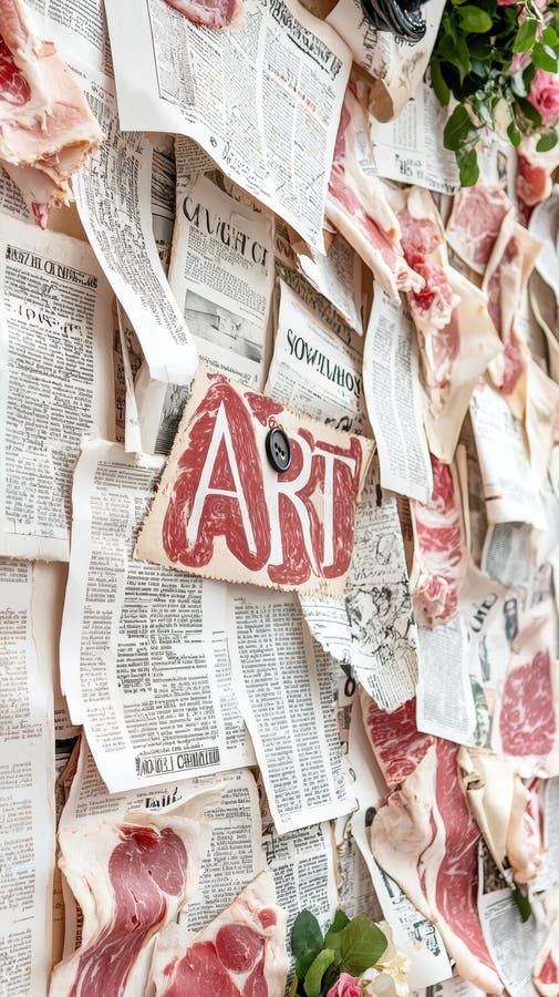 Artistic Display of Meat Cuts and Newspaper Clippings, Showcasing ...