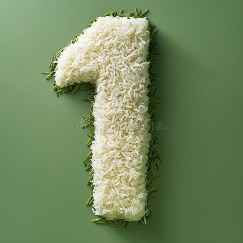Artistic Display of the Number One Made of Rice and Herbs on a Green ...