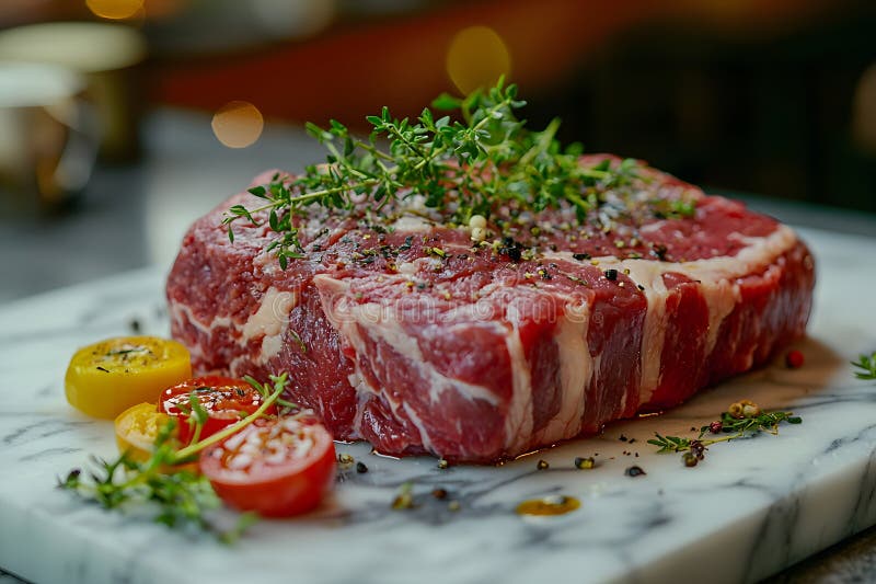 Artistic Display of Raw Meat on Marble with Fresh Herbs and Vegetables ...