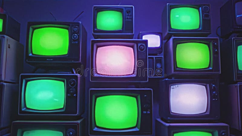 An Artistic Display of Retro TVs Stacked Creatively, Glowing Green ...