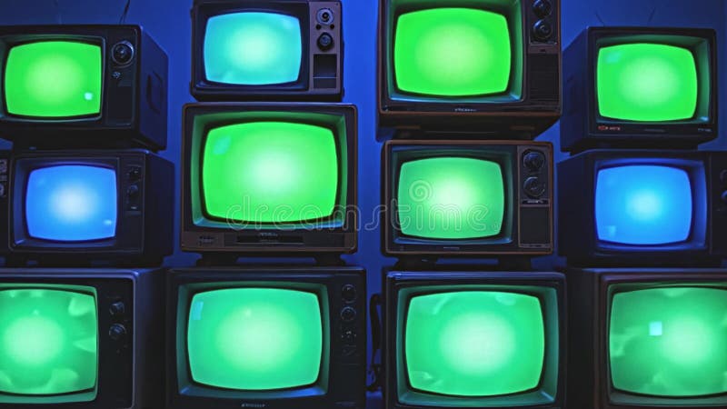 An Artistic Display of Retro TVs Stacked Creatively, Glowing Green ...