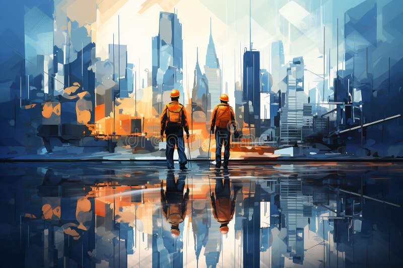 Artistic Double Exposure of a Construction Site and Construction Workers in a Striking Blue and ...