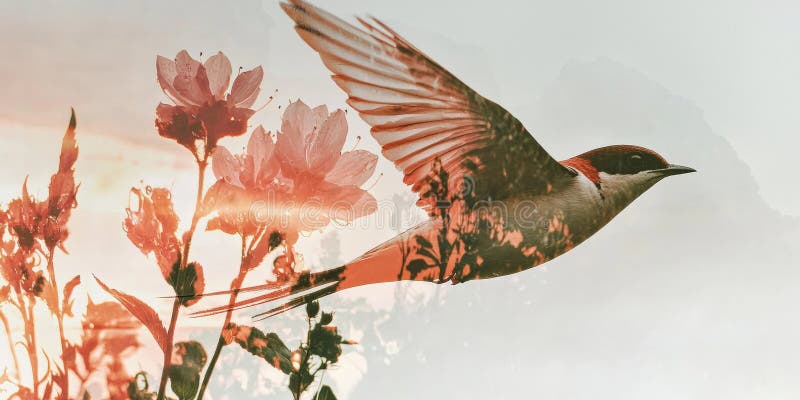 Artistic Double Exposure of a Swallow Bird and Floral Elements Stock ...