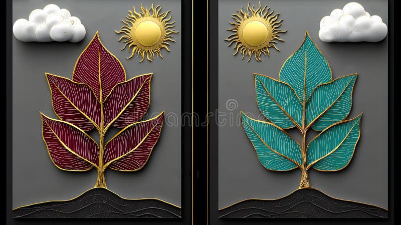 Artistic Dual Panel Featuring Colorful Abstract Trees Stock ...